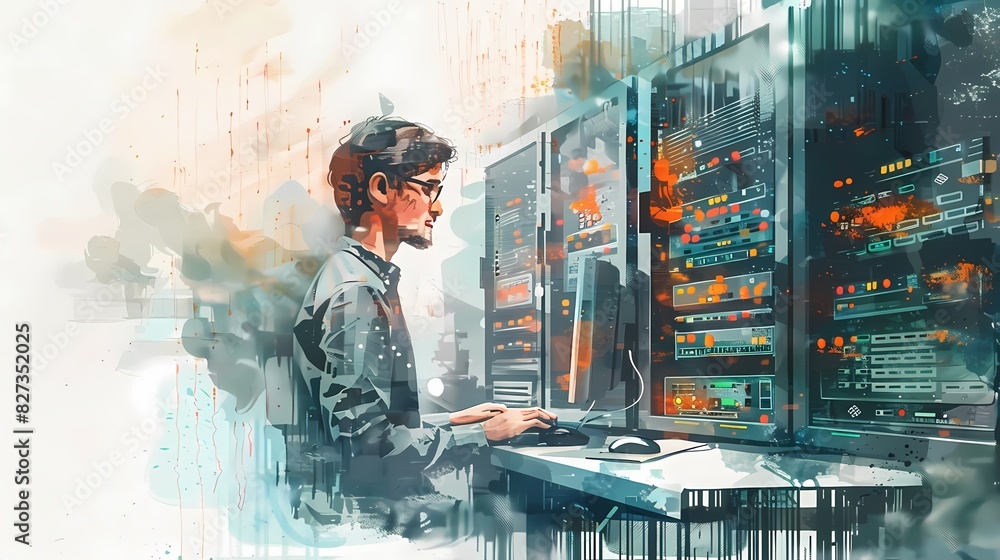 Visualize a flat design of a network admin configuring firewall ... Visualize a flat design of a network admin configuring firewall ...