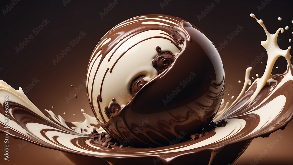 Small balls of white, dark, and milk chocolate float around the sphere ...