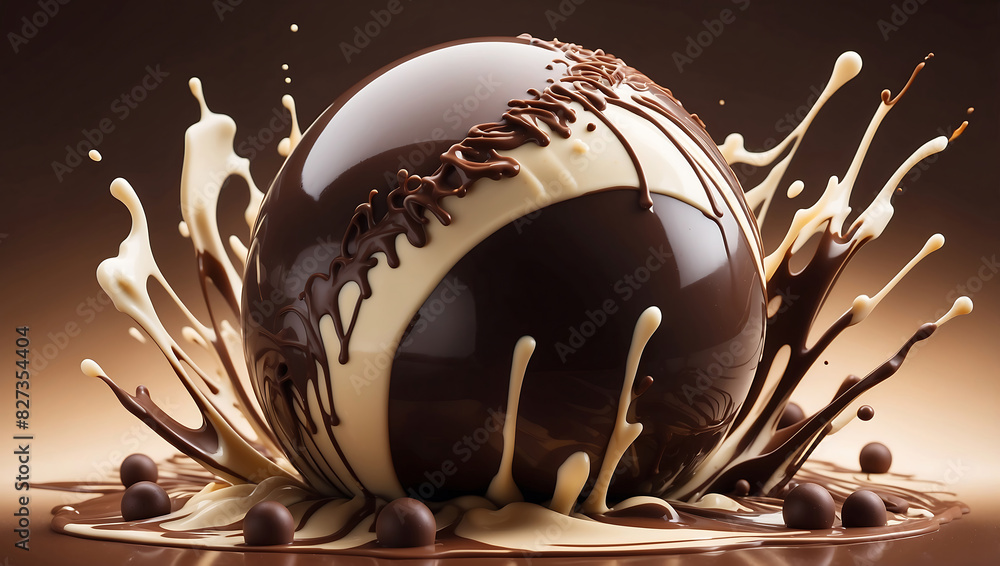 Small balls of white, dark, and milk chocolate float around the sphere ...