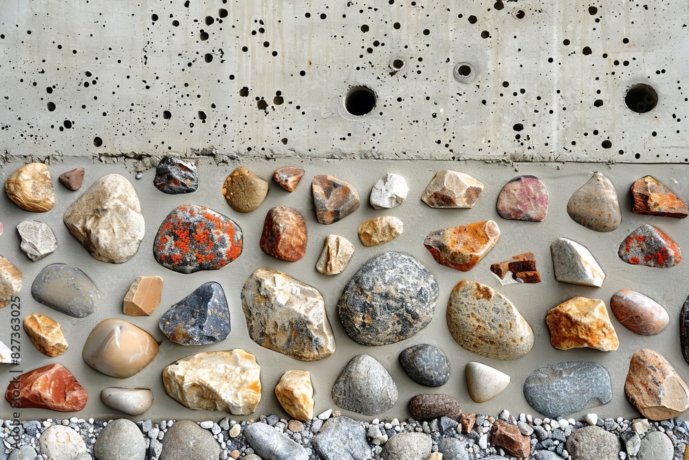 A section of raw concrete with exposed aggregate, showing stones of ...