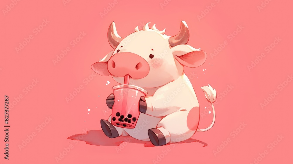 2d illustration of an adorable cow enjoying a delicious boba drink ...