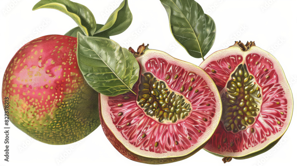 Classic botanical drawing of a guava with cross-sectional detail ...