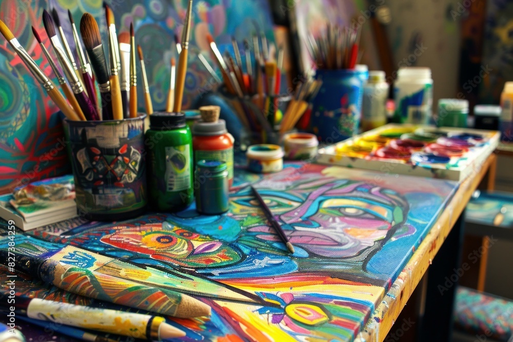 Vibrant and colorful art studio workspace with a wide range of painting ...