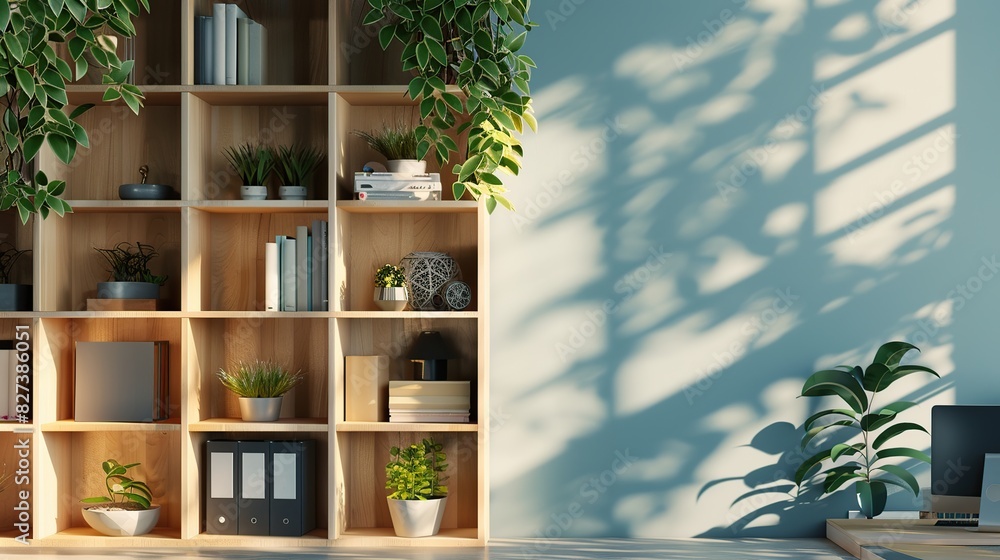 Bookshelf with plants modern decor for virtual office background ...