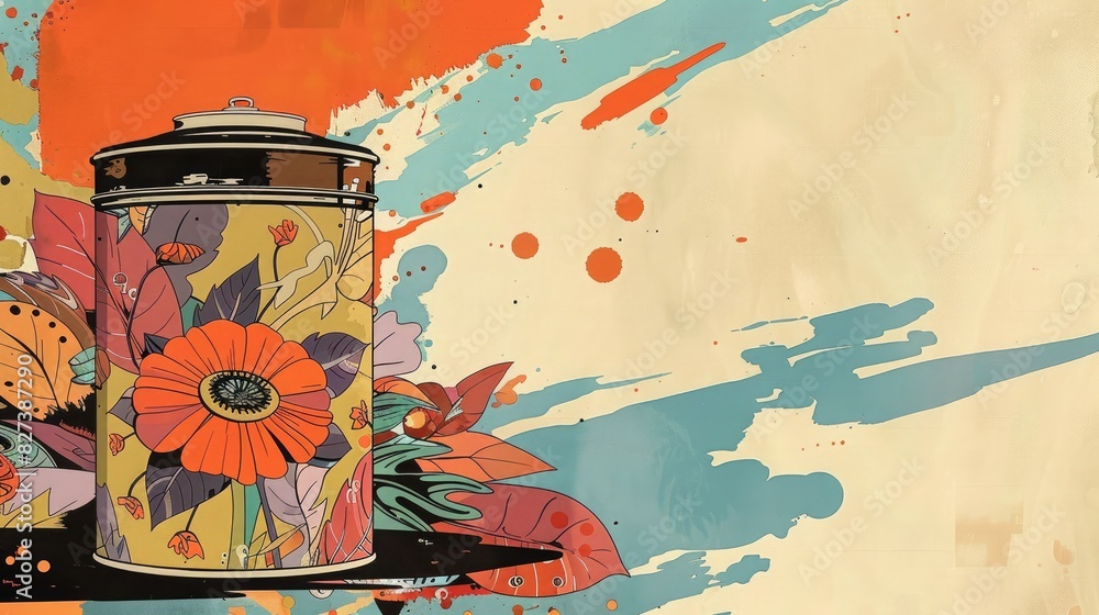 Colorful graffiti spray paint can with floral design and splashes on ...