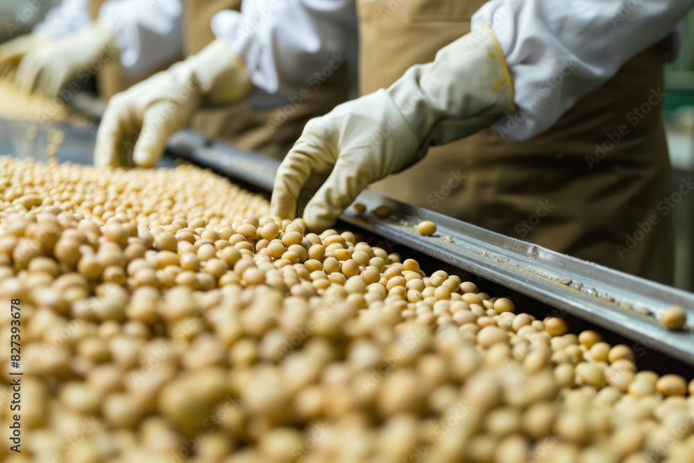 Workers in a soybean processing plant sorting and packaging soybeans ...