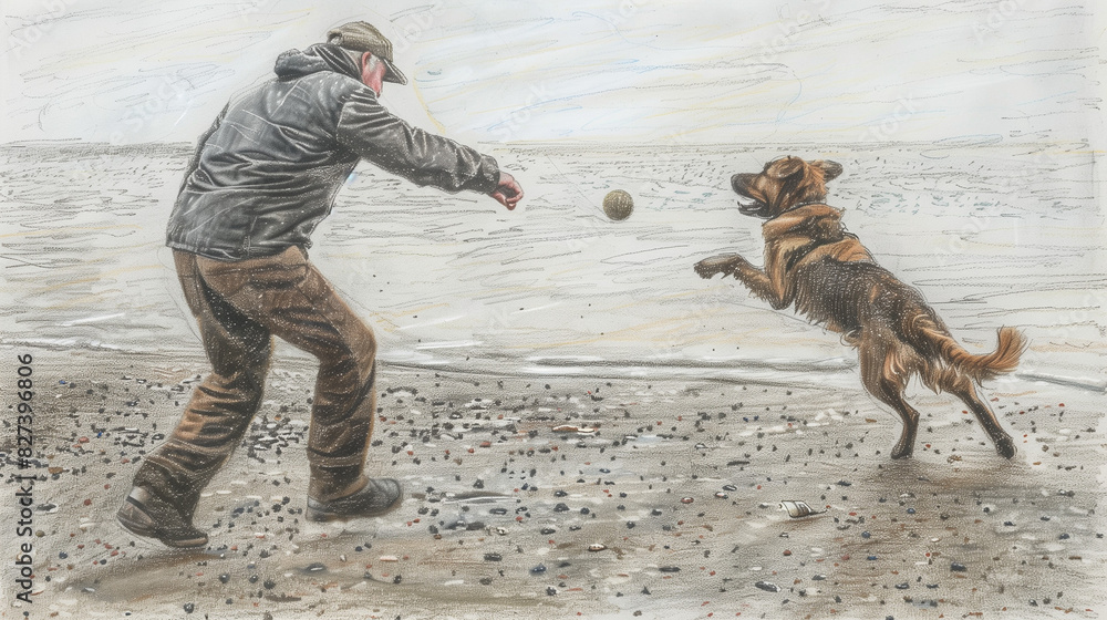 man and dog, man and dog at the beach, furry friend, loyal friend ...