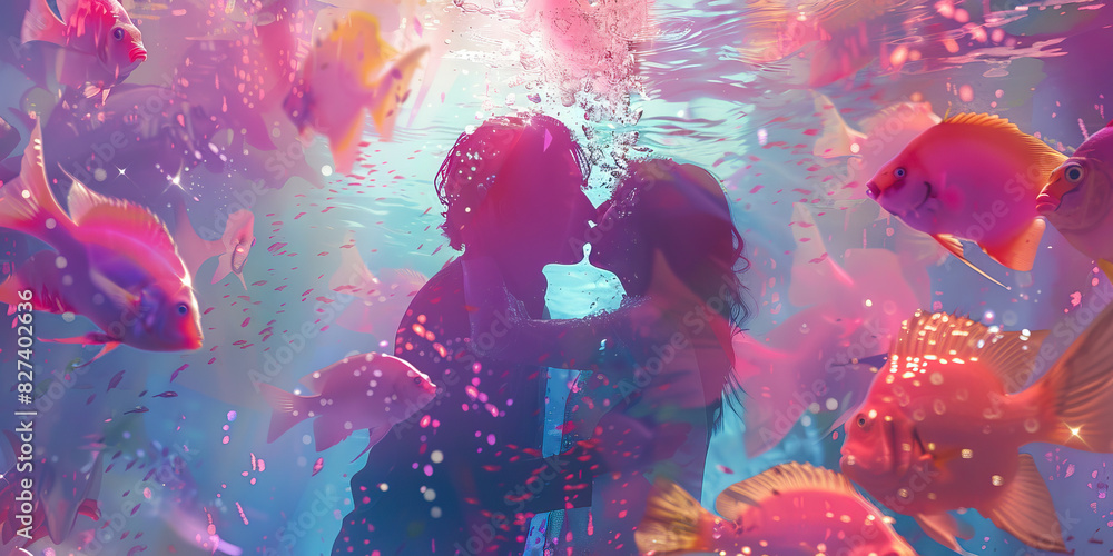 Underwater Kiss: A couple sharing a kiss underwater, with pastel ...