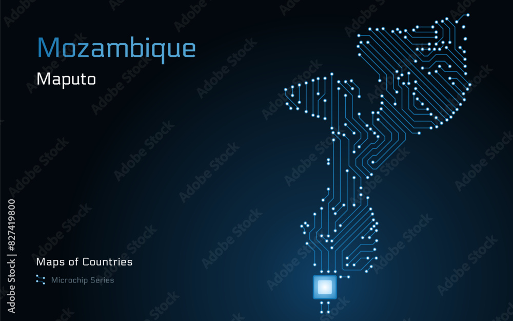 Mozambique Blue Map with a capital of Maputo Shown in a Microchip ...