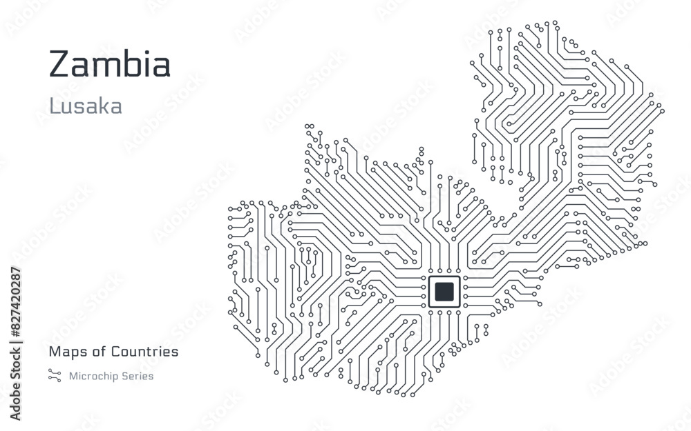 Zambia Map with a capital of Lusaka Shown in a Microchip Pattern. E ...