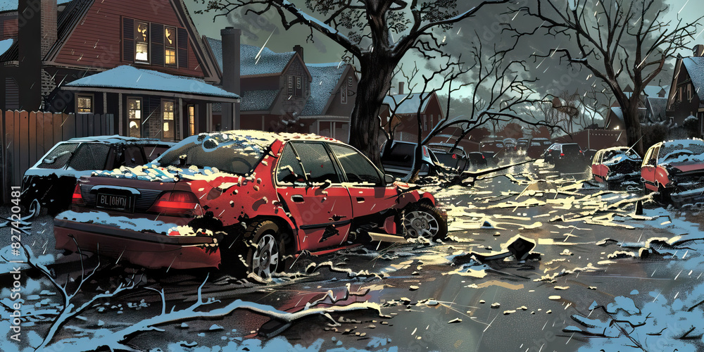 Hail Damage: A scene showing the aftermath of a hailstorm, with damaged ...