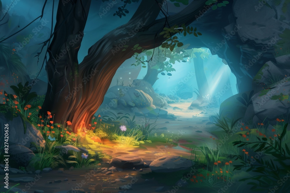 Illustration of A fantasy high-tech forest with glowing pathways ...