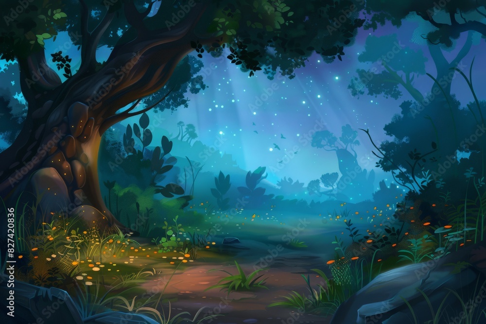 Illustration of A fantasy high-tech forest with glowing pathways ...