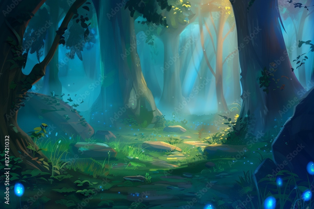 Illustration of A fantasy high-tech forest with glowing pathways ...