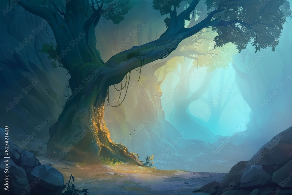 Illustration of A fantasy high-tech forest with glowing pathways ...