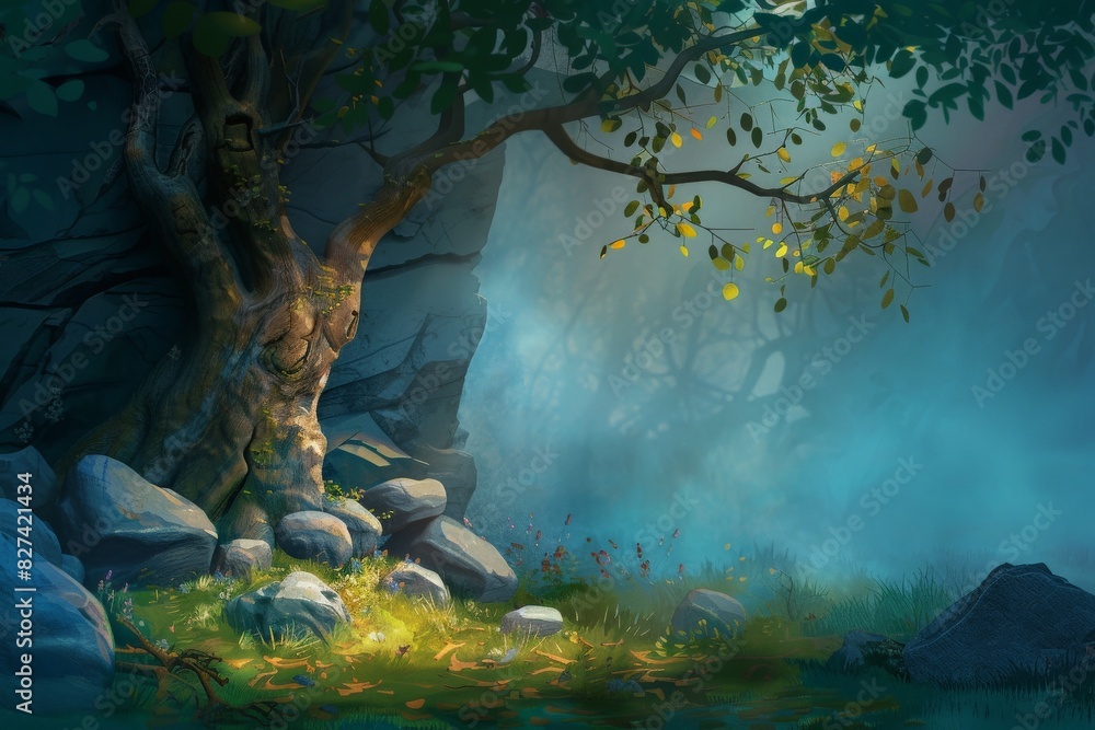 Illustration of A fantasy high-tech forest with glowing pathways ...