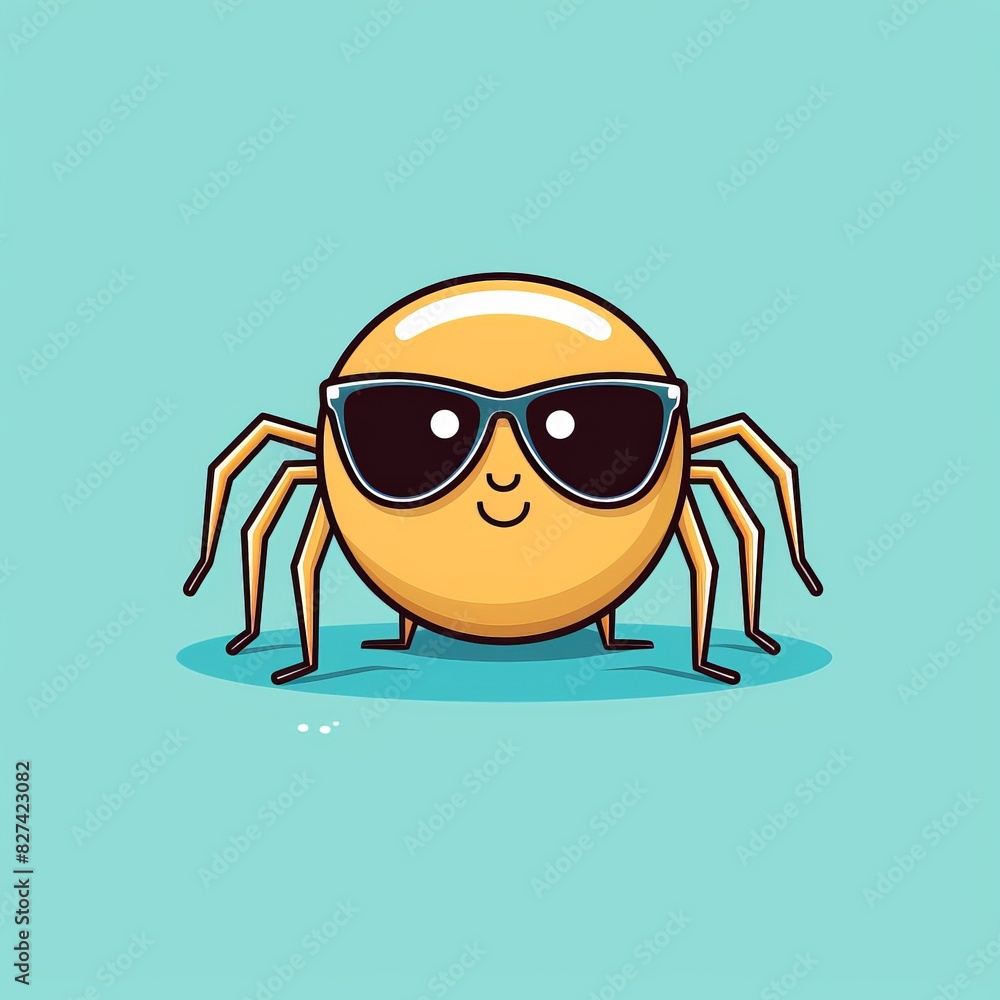 Cute cartoon illustration of a yellow spider wearing sunglasses against ...