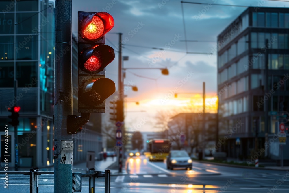 A red traffic light hangs from a pole with a background of tall, modern ...