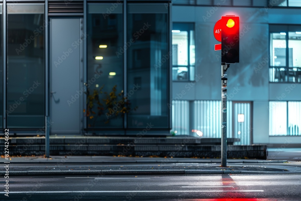 A red traffic light hangs from a pole with a background of tall, modern ...