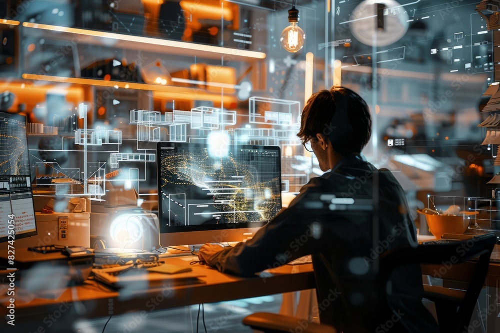 Futuristic Concept: Interior designer with 3D modeling software, in ...