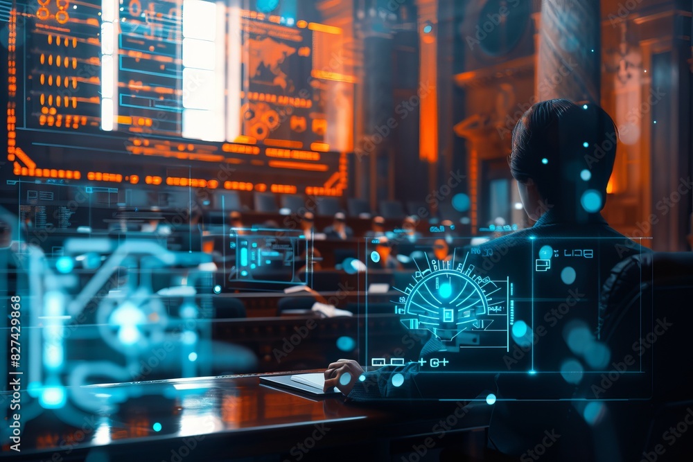 Futuristic Concept: Judge with digital court records system, in ...