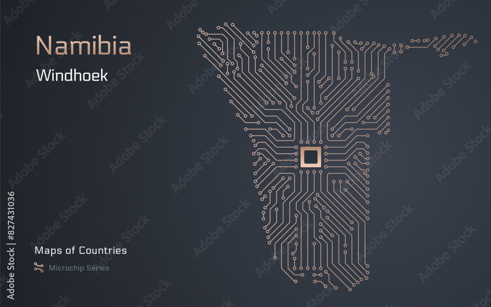 Namibia Map with a capital of Windhoek Shown in a Microchip Pattern. E ...