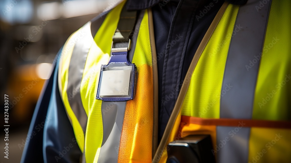 Close-up of a worker wearing a high-vis safety vest and ID badge in a ...