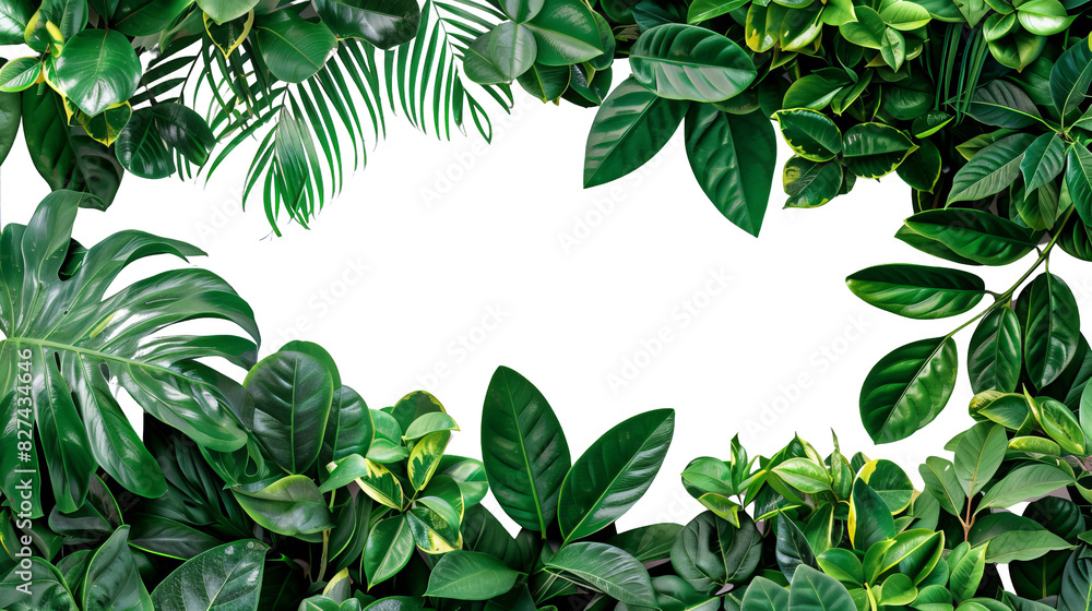 Lush green tropical leaves forming a beautiful natural border frame ...