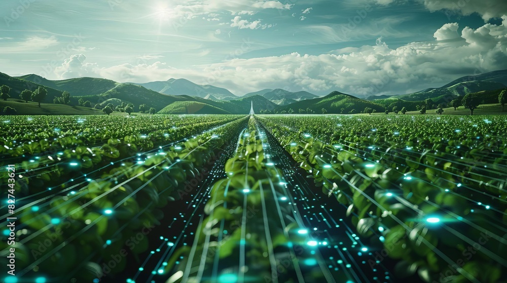 Futuristic field with holographic crops and advanced technology ...