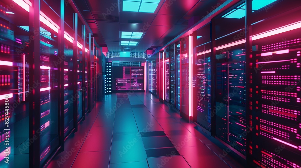 Modern technology server room with vibrant neon lights and rows of computer servers, reflecting ...