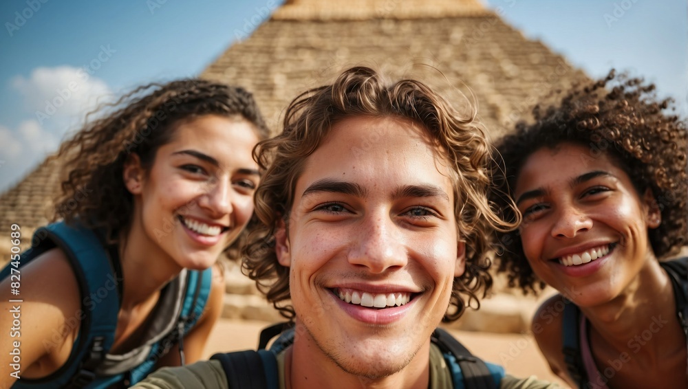 Three friends pose happily for a selfie with the iconic pyramids in the ...