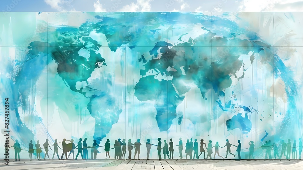 Mural depicting people encircling the world in green tones for Earth ...