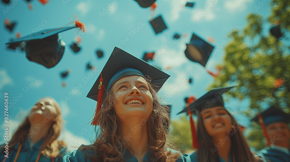 Happy graduating college student in cap and gown celebrating her ...