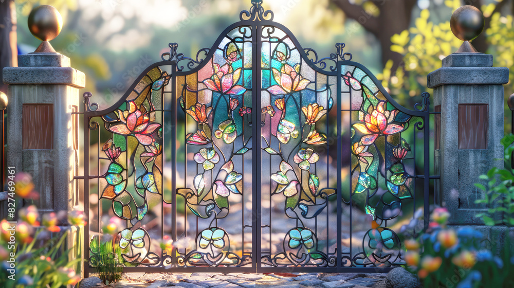 Poster A high forged metal fence with opening stained glass gates ...
