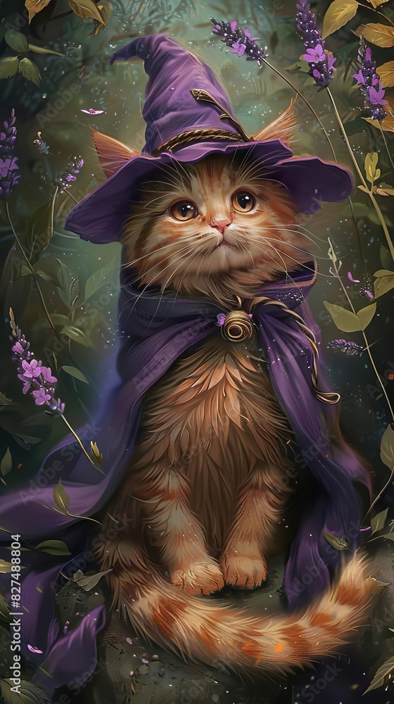 A delightful illustration of a tiny cartoon cat dressed as a wizard ...