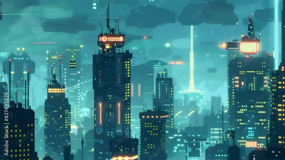 An animation depicting a futuristic city with detailed pixel art ...