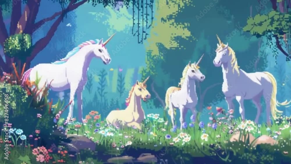 An animation depicting a magical meadow inhabited by unicorns, with ...