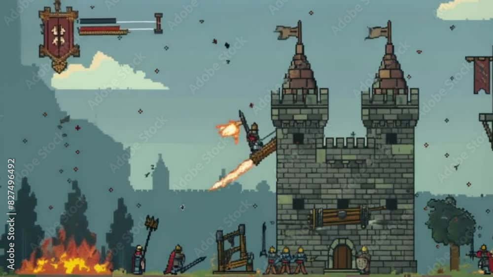 An animation depicting a medieval castle under siege, with knights ...