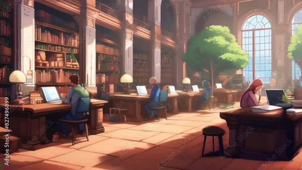 An animation depicting a quiet library with students studying ...
