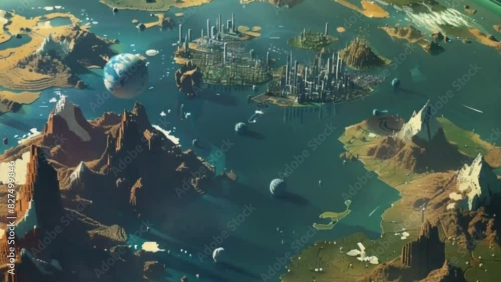 An animation depicting an imaginary planet with pixel art, where ...
