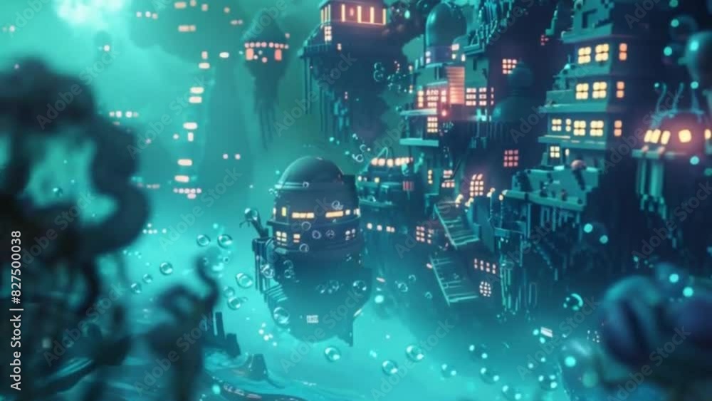 An animation depicting an underwater city on a space planet, where ...