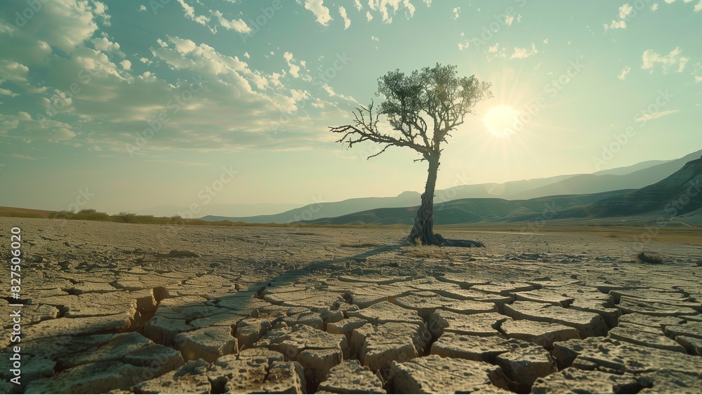 a landscape ravaged by climate change. a cracked, barren land under a scorching sun, with a ...