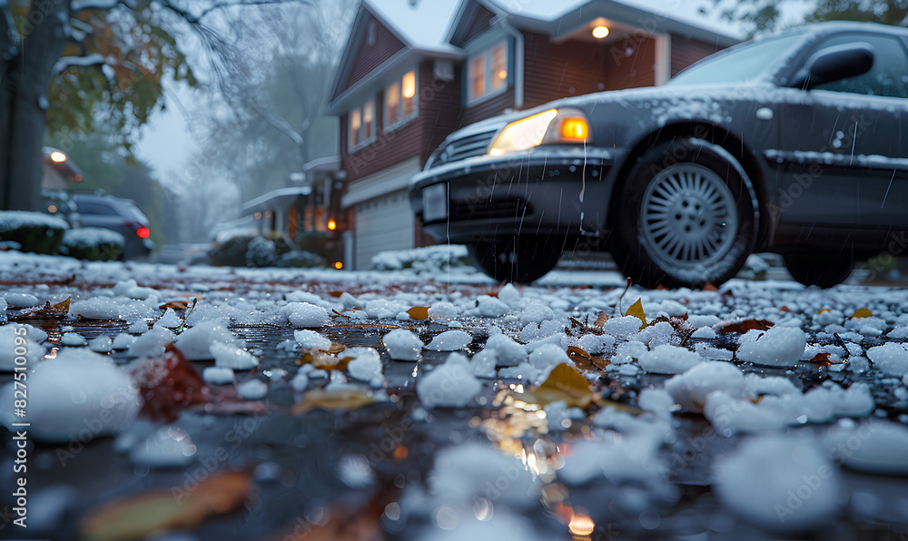 A car is pelted with hail in the driveway of a suburban home as it is ...