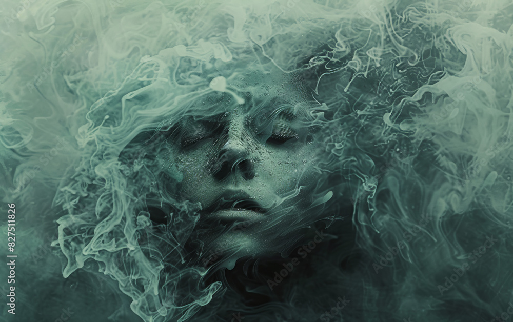 Abstract face shrouded in green smoke, creating an ethereal, mysterious ...