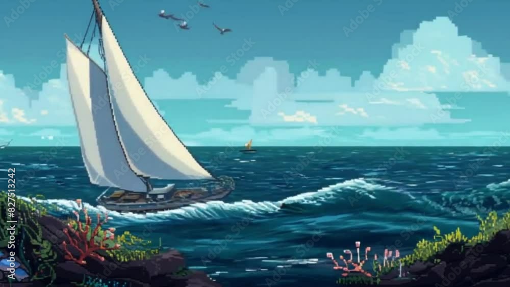 An animation showcasing a sailing adventure on the open sea, with pixel ...