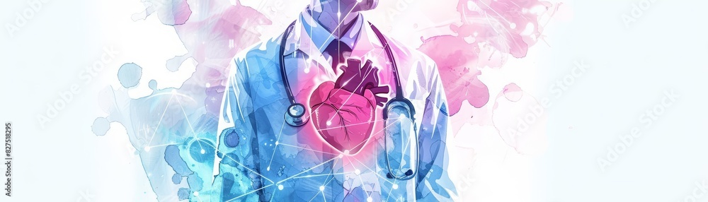 A watercolor clipart of a doctor with a holographic heart and connected ...