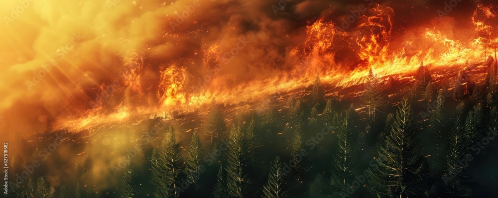 Blazing forest fire spreading rapidly through dense woods with intense ...