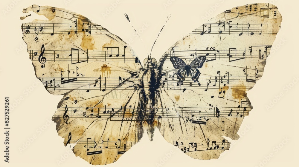 Stylized butterfly with its wings composed of musical notes and staves ...
