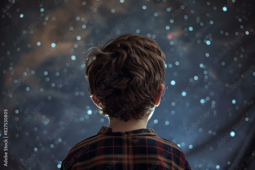 Back view of a young boy looking at a twinkling light backdrop evoking ...