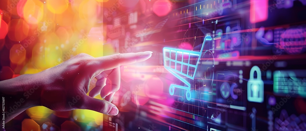 Hand touching digital shopping cart icon on virtual screen, depicting ...